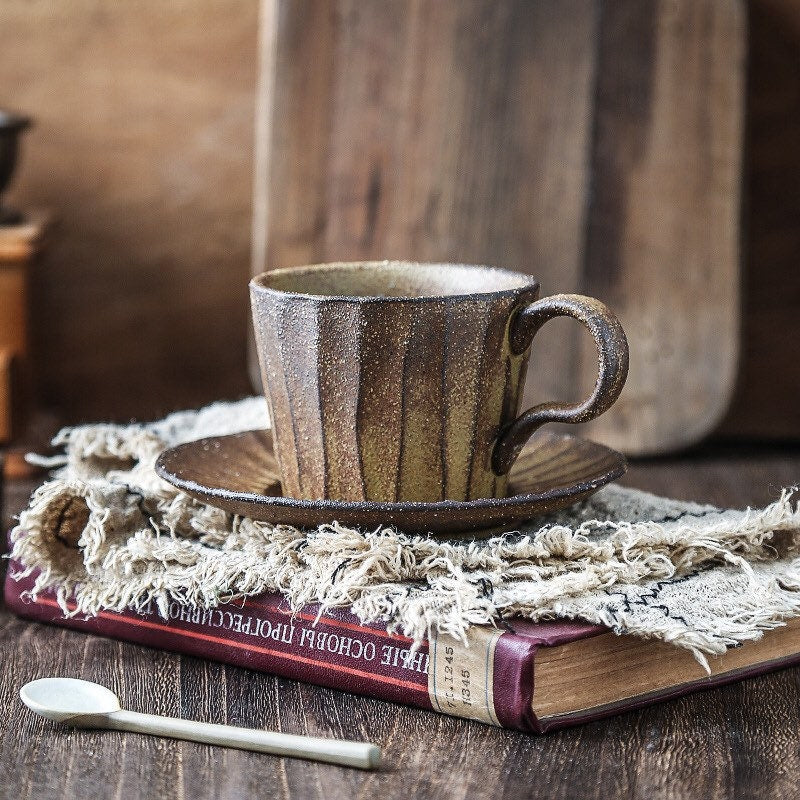 Gohobi Handmade Stoneware Coffee Mug and Saucer Set Brown Yes